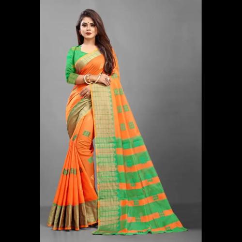 Buy AAGAM FASHION Woven Kanjivaram Cotton Linen Saree (Orange) Online ...