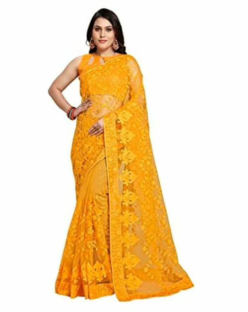 Buy VAIRAGEE Womens Yellow Net Saree with Blouse Online at Best Prices ...