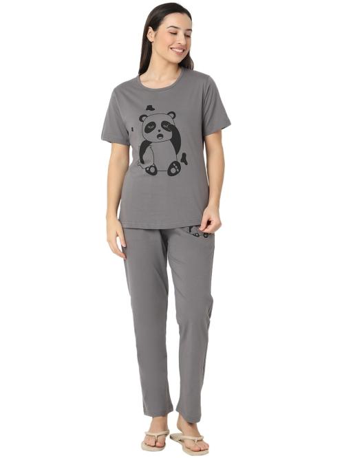 Buy Smarty Pants women's cotton lycra grey color panda print night suit ...