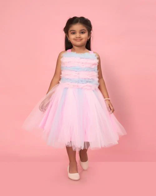 Buy Aarika Girls Pink-Firozi Color Net Solid Frock Online at Best ...