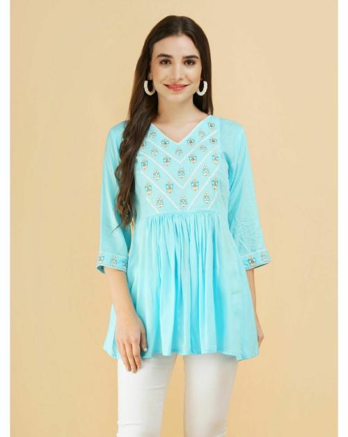 Buy Maharathi Women Blue Embroidered Pure Cotton Top - XL Online at ...