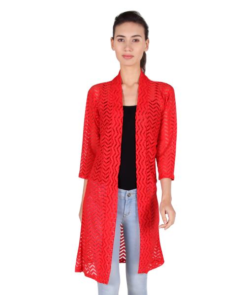 Buy Sweekash Solid Long Length Lace Net 3/4th Sleeve Red Shrug Online ...