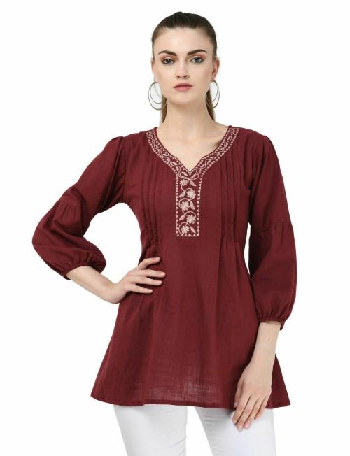 Buy SAAKAA Women's Rayon Maroon Embroidery Top Online at Best Prices in ...