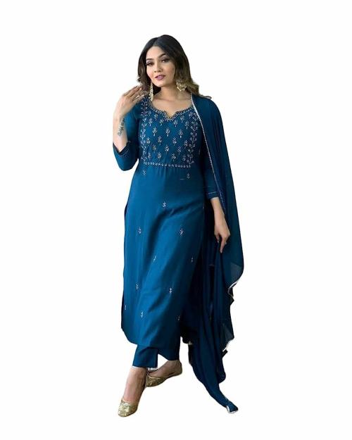 Buy NAIYAA FASHION Petite Teal Women Blue Rayon Slub Kurta Pant Dupatta ...