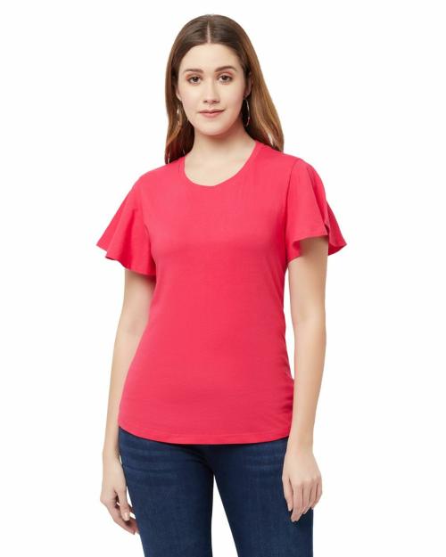 Buy Glito Dark Pink Solid Half Sleeves Round Neck Tops For Women's ...