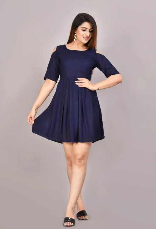 Buy Manojava Women Blue Solid Viscose Rayon A-Line Dress (M) Online at ...