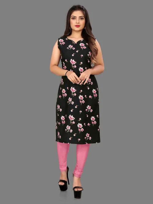 Buy UEA Women Black, Pink Floral Crepe Straight Kurta (XXL) Online at ...