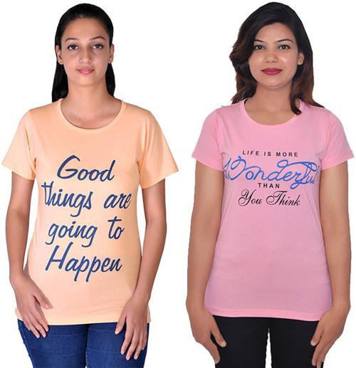 Buy Chozi Women Multicolor Printed Cotton Blend Pack of 2 T-Shirt ...