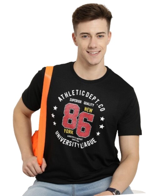 Buy INVIBE "Black Typography Printed Cotton T-shirt for Men with Round ...