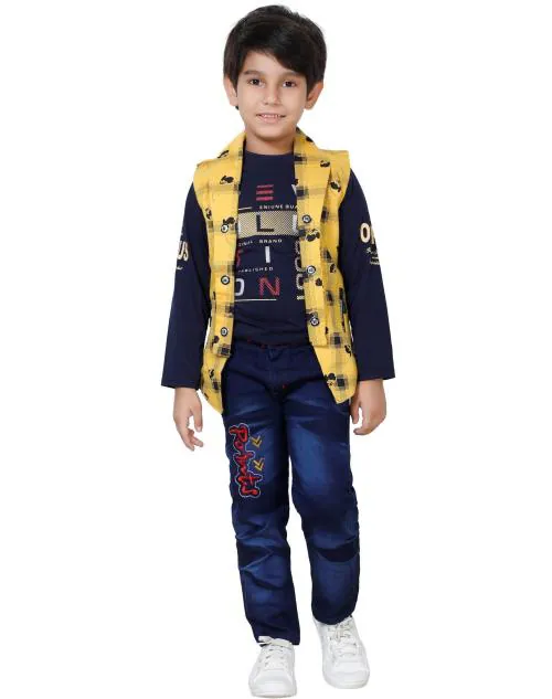 Buy Dkgf Fashion Boys Yellow Printed Cotton Blend T-shirt Jeans Online ...