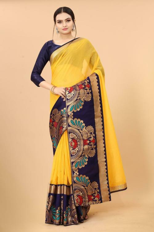 Buy Febo Fashion Women Yellow Woven Design Pure Cotton Single Saree ...