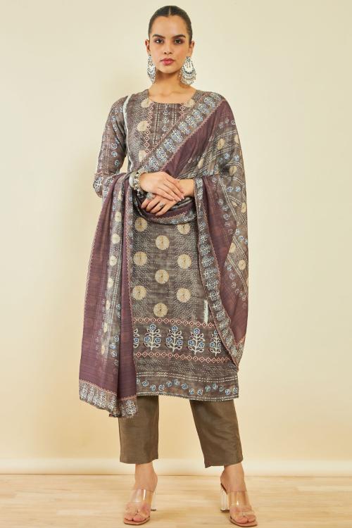 Buy Soch Olive Muslin Suit Set With Ethnic Print And Hand Embroidery ...
