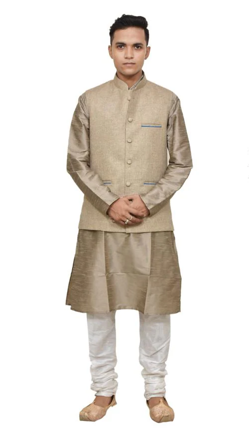 Buy Mag Men's Copper Gold Silk Kurta White Churidhar With Coffee Colour ...