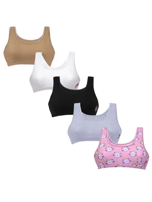 Buy Dchica Set of 5- 1 Cat Print & 4 Basic Colors Beginner Bras For ...