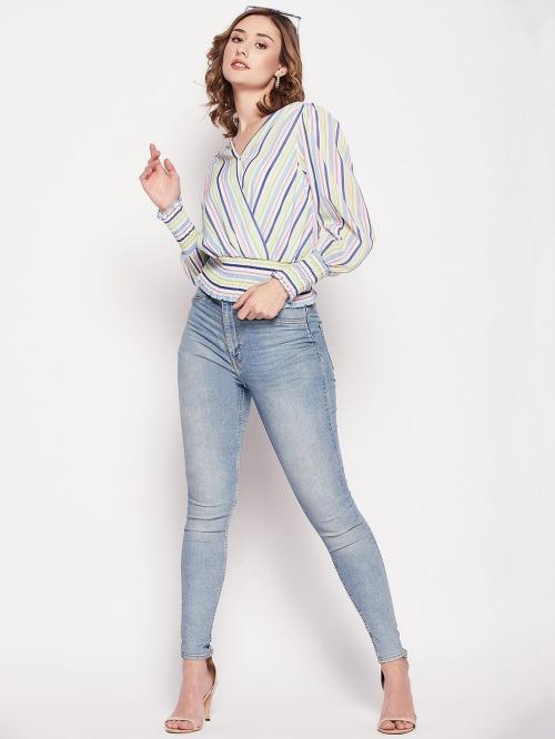 Buy Camla Women Yellow Striped Polyester Casual Top Online at Best ...