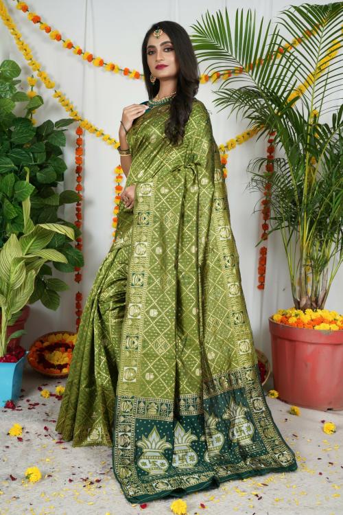 Buy SWIFFIN Fresh Arrivals Litchi Silk Bandhani Light Green & Green ...