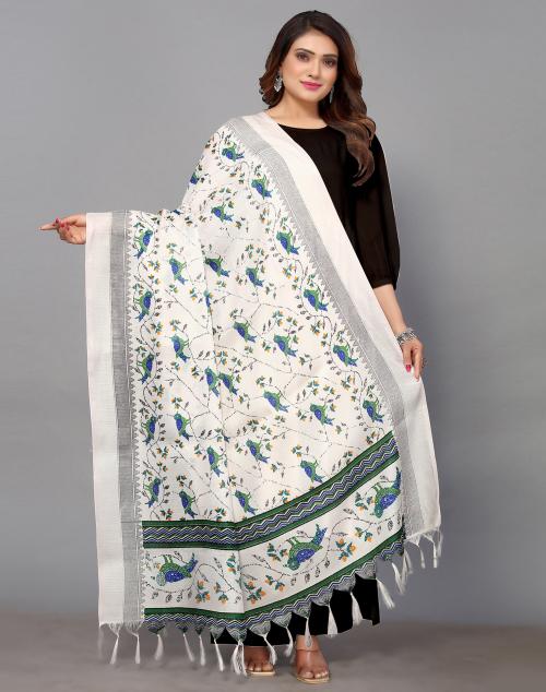 Buy Siril Women's Multicolor & White Color Printed Khadi silk Dupatta ...