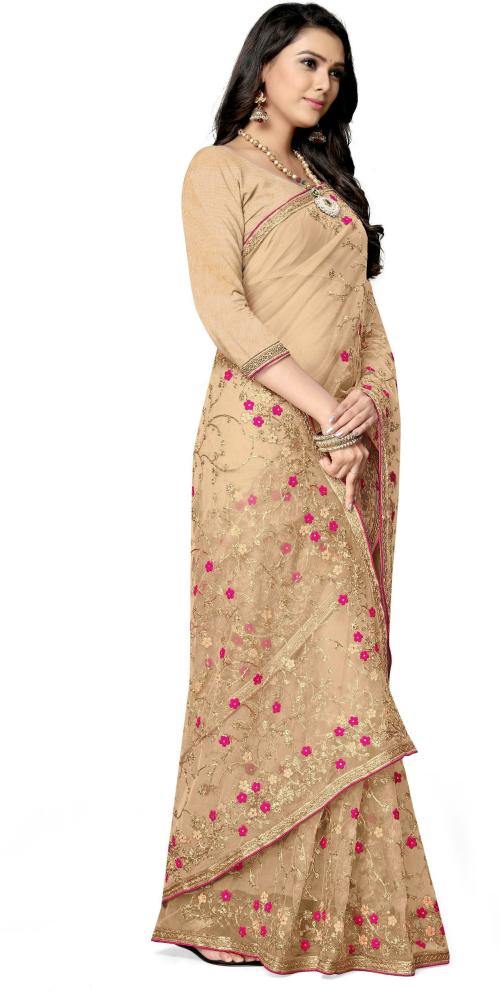 Buy Serona Fabrics Women Cream Self Design Net Regular Saree Online at ...