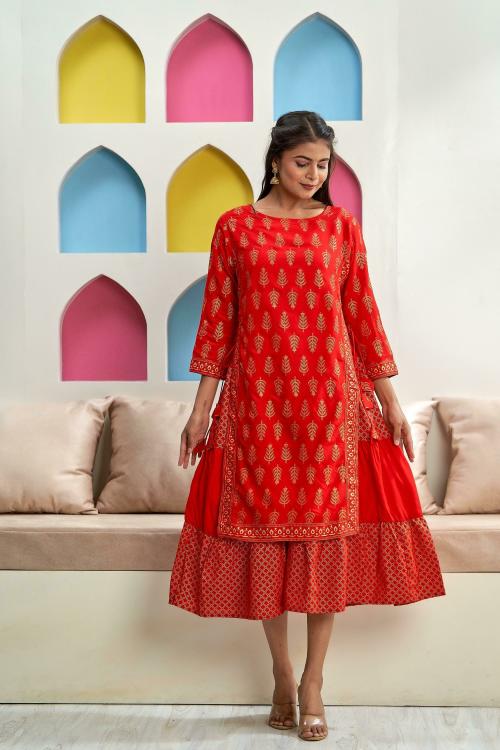 Buy Sa Rasa Women Red Printed Viscose Rayon Flared Kurta Online at Best ...