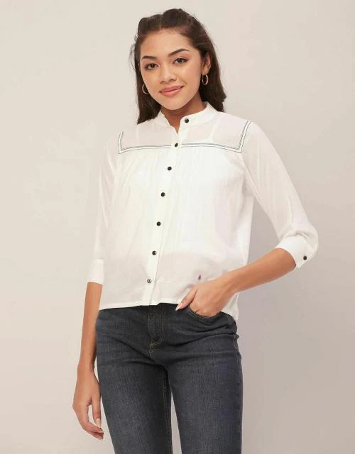 Buy Moomaya Solid Shirts For Women, Mandarin Collar Button Down Cotton Formal Shirt Online at ...