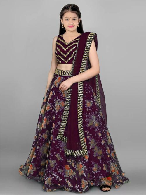 Buy Piludi Girls Dark Green Embroidered Art Silk Lehenga & Choli ...