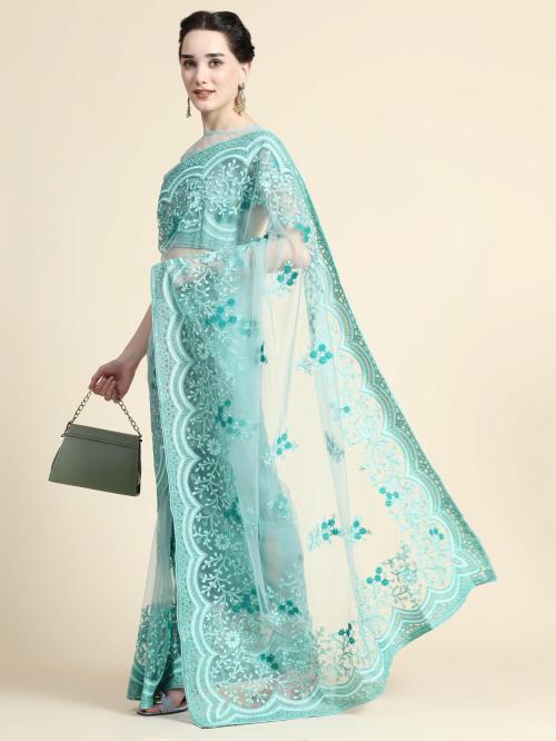 Buy IrisTheStudio Women Light Blue Net Embroidered Bollywood Saree - Pr ...