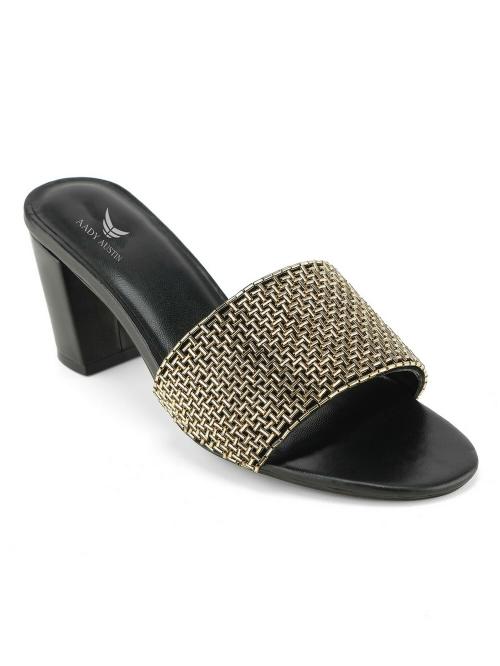 Aady Austin Women Synthetic Black Gold Party Block Heel Slip On Slipper ...