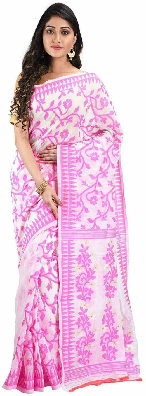 Buy Desh Bidesh Women White, Pink Cotton Blend Self Design Saree Online at Best Prices in India ...