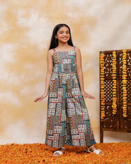 Buy Budding Bees Girls Geomatric Printed Cotton Jumpsuit-Blue Online at ...