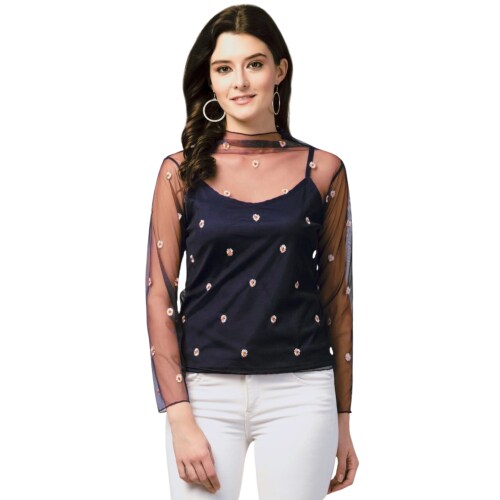 Buy StylzIndia - Embroidered High Neck Mesh Top - Black - S Online at ...