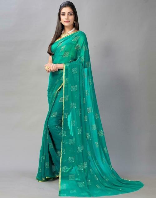 Buy LADYMINT Women Dark Green Printed Chiffon Women'S Sarees Online at ...