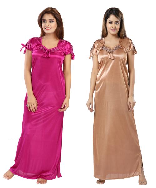 Buy Glam World Women Multicolor Printed Satin Nighty Combo- Free Size ...