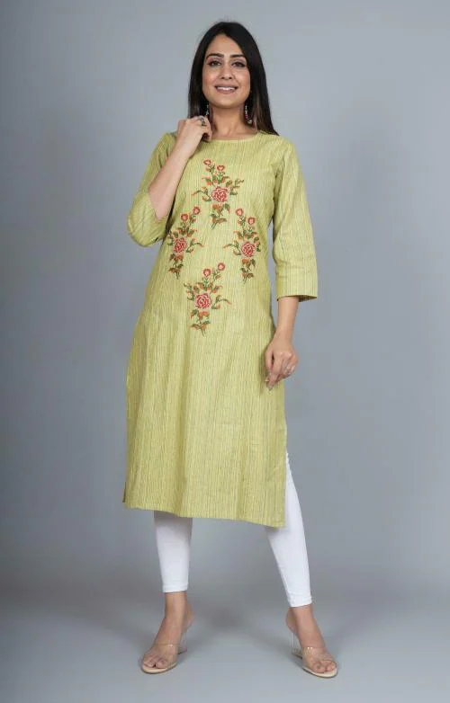 Buy Mehsoos Women Yellow Embroidered Pure Cotton Straight Kurta (XXL ...