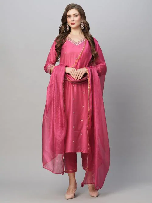 Buy GoSriKi Women's Rani Cotton Blend Kurta Suit Set With Dupatta Online at Best Prices in India ...