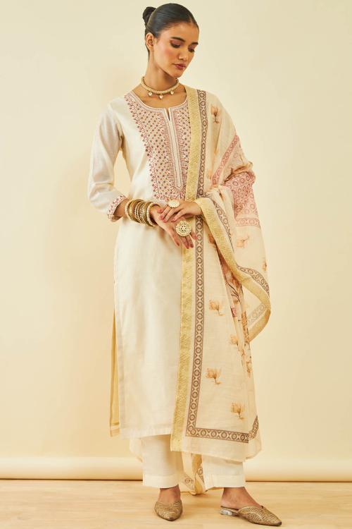 Buy Soch Womens Cream Chanderi Embroidered Salwar Suit With Thread Work ...