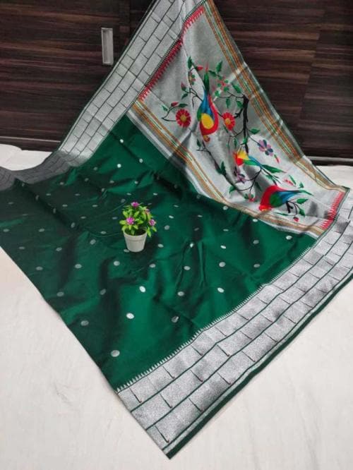 Buy MANGROLIYA IMPEX Women Green Applique Pure Silk Paithani Saree ...