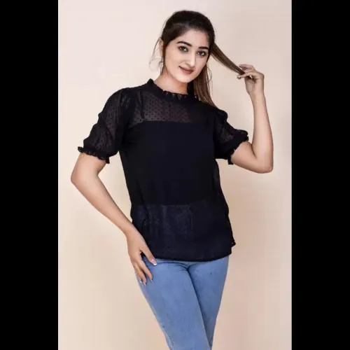 Buy Sharleez Casual Regular Sleeves Self Design Women Black Top Online ...
