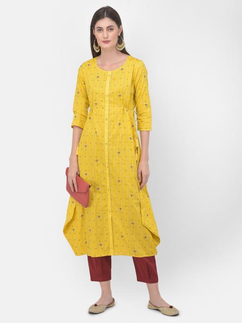 Buy Span Women Yellow Printed Pure Cotton A-Line Kurta - Na566 Online ...