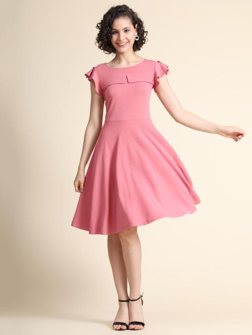 Buy KERI PERRY Women's Baby Pink Lycra Solid Flared Western Dress ...