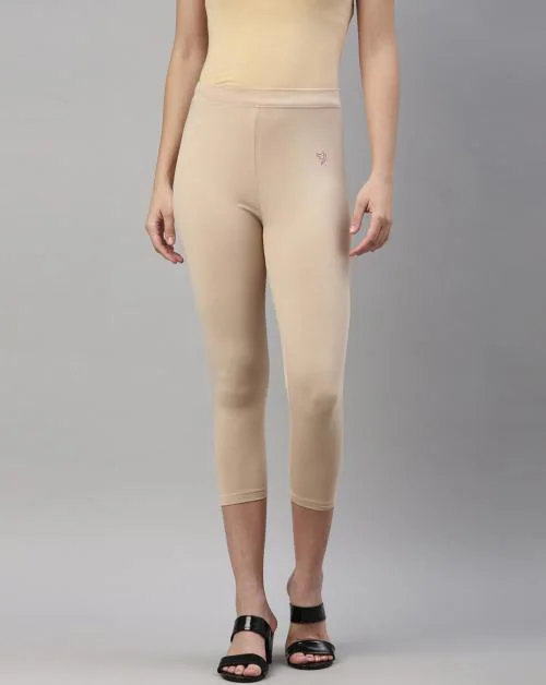 Buy TWIN BIRDS Women Beige Solid Cotton Capri Length Leggings Online at Best Prices in India ...