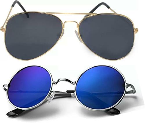 Buy RMKK Round Aviator Sunglasses (For Men & Women Black Blue) Online ...