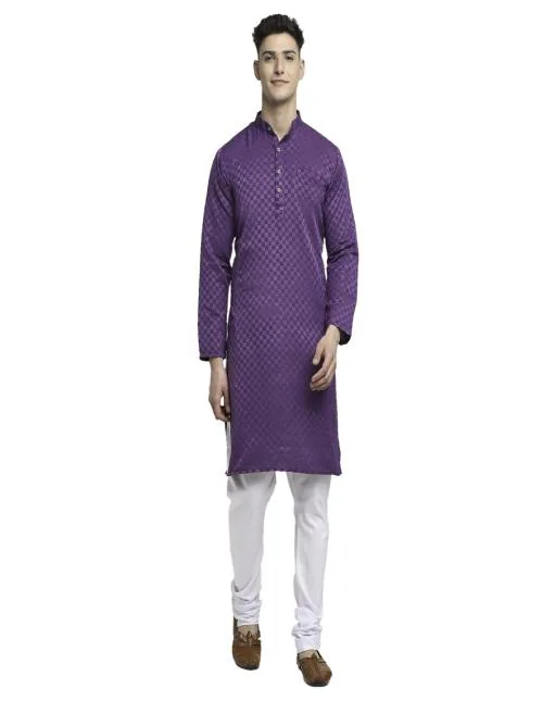 Buy Benstoke Men's Purple & White Cotton Checkered Kurta with Churidaar ...