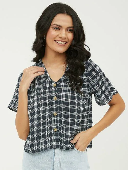 Buy Harpa Women Blue Checkered Top Online at Best Prices in India ...