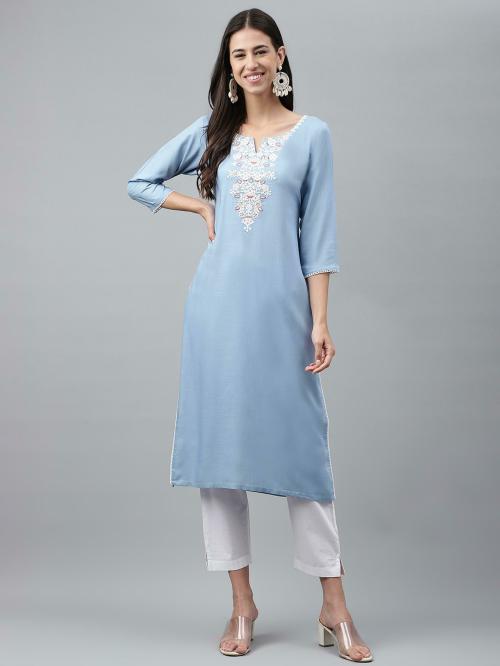Buy Janasya Women's Light Blue Rayon Solid Straight Kurta Online at ...