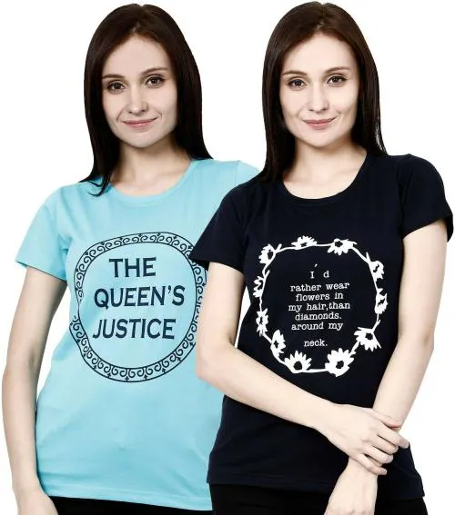 Buy Chozi Women Multicolor Printed Cotton Blend Pack of 2 T-Shirt ...