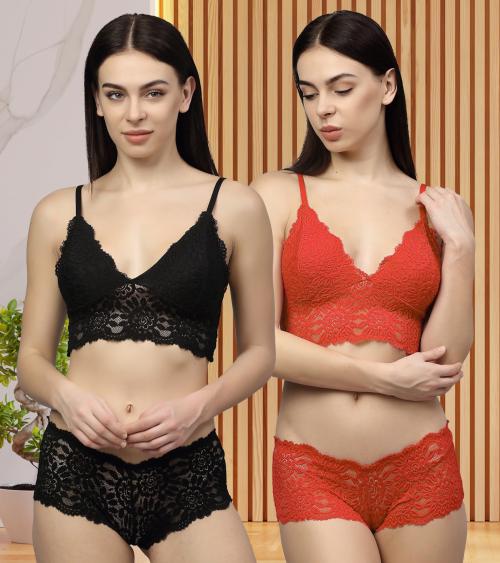 Buy In-Curve Women's Black,Red Net Bra Panty Set for Lingerie Set Undergarments/Nightwear/Hot ...