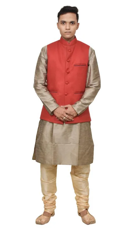 Buy HFP Men's Copper Gold silk Kurta Gold Churidhar With Red Joot ...