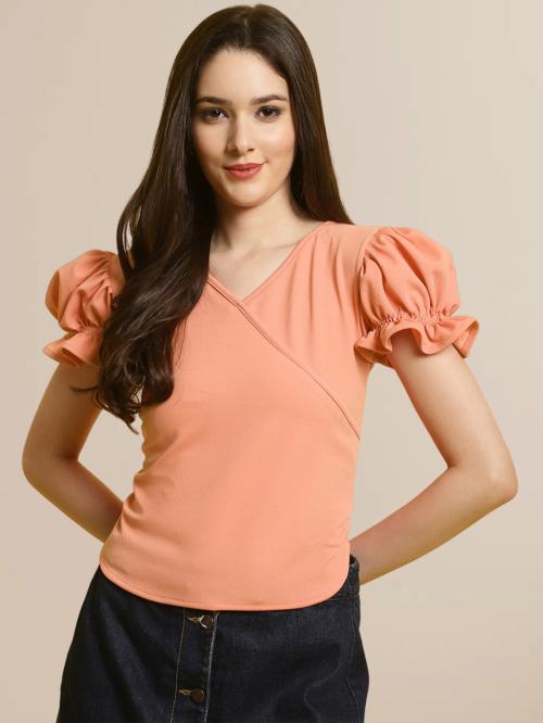 Buy Fabflee Women Peach Solid Puff Sleeve Wrap Top | Women Top | Tops For Women | Top | Crop Top ...