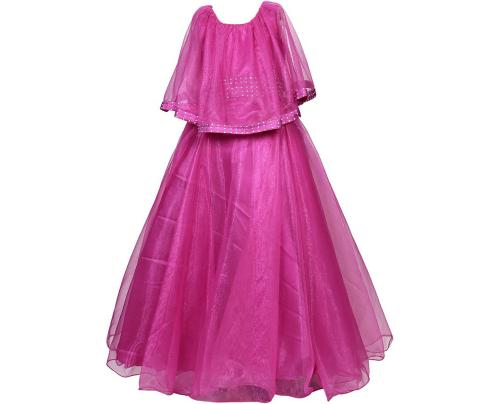 Buy HUNOOR Girls Rani Color with Crop Top Solid Polyester, Net Gown ...