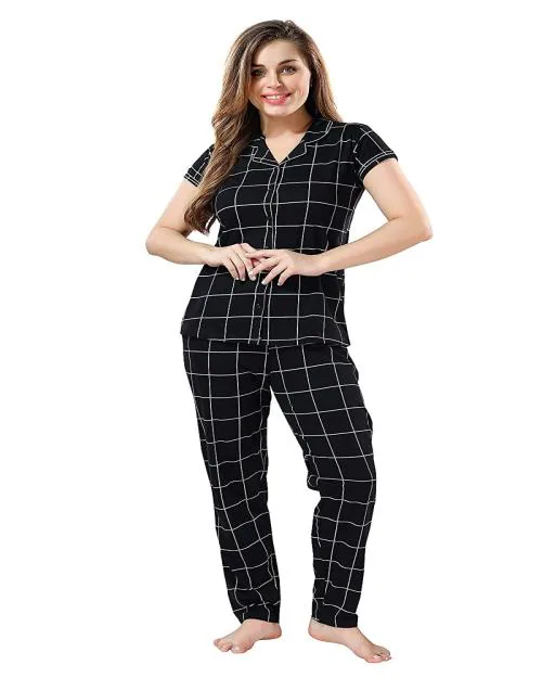 NIGHTVIEW Black Checks Print Night Suit Set for Women 100% Cotton ...